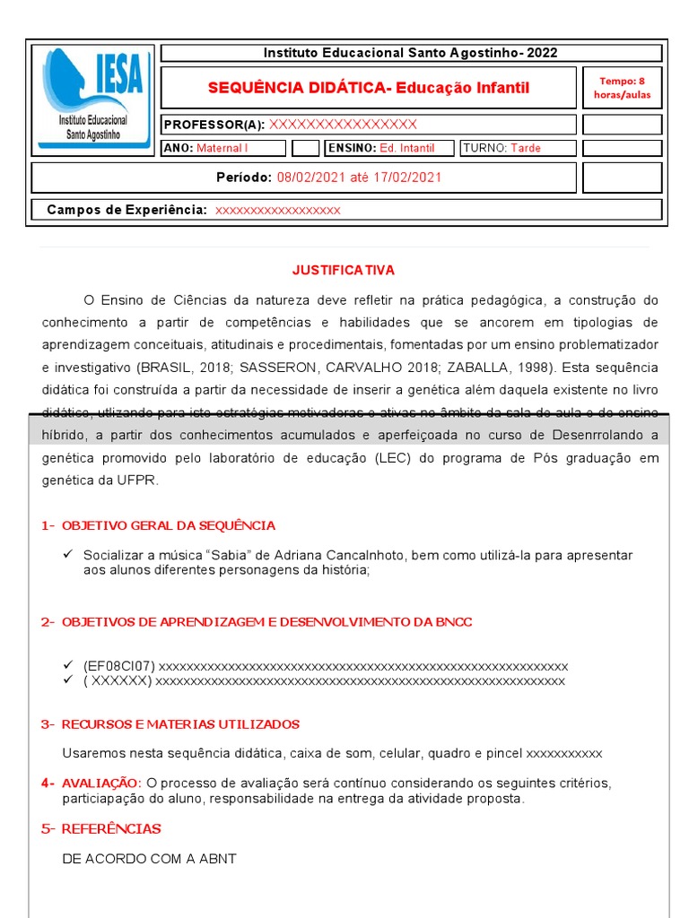 EI - Sequência Didática - Modelo Educação Infantil | PDF | Cromossomo | DNA
