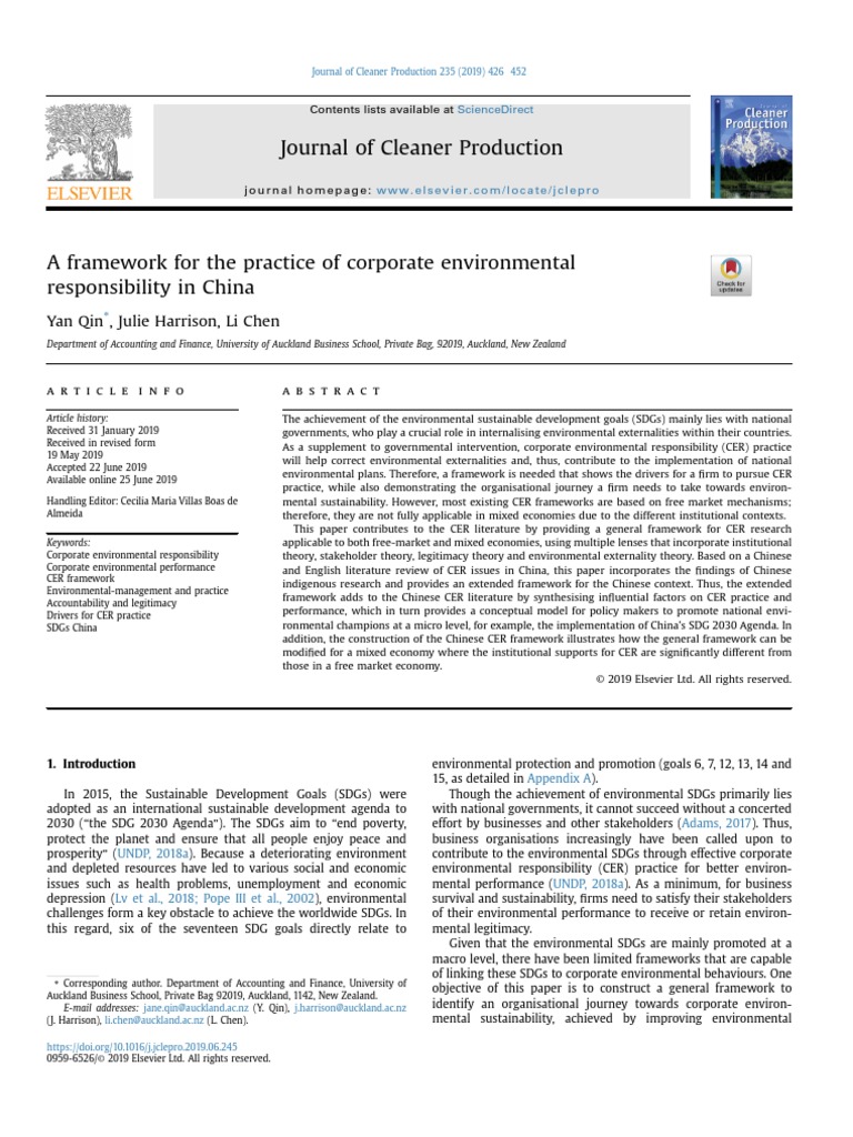 Journal of Cleaner Production: Yan Qin, Julie Harrison, Li Chen | PDF ...