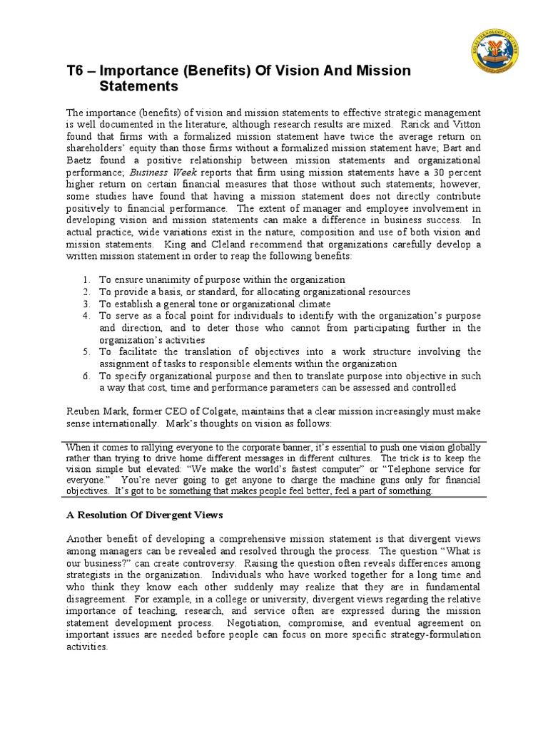 T6 - Importance of Vision and Mission Statements | PDF | Strategic ...