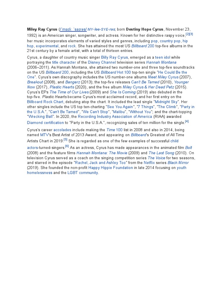 Miley Cyrus Biography | PDF | Music Industry | Pop Music