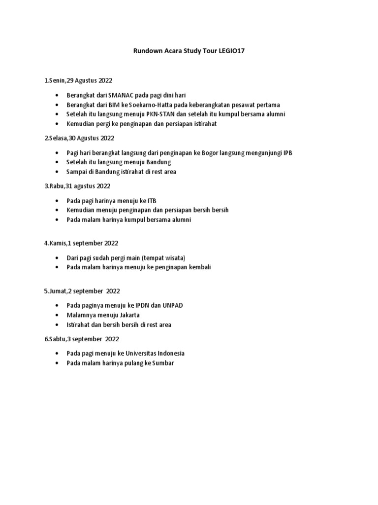 Rundown Acara Study Tour Legio17 | PDF