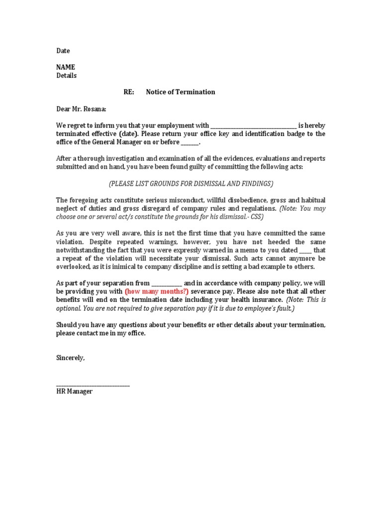 Employment Termination Notice Template | PDF