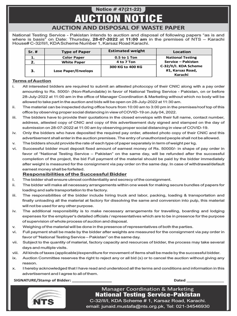 Auction Notice: Auction and Disposal of Waste Paper | PDF | Auction ...