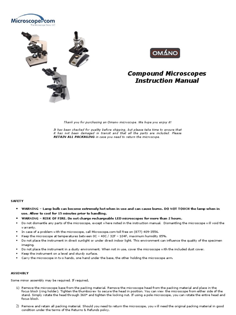 Compound Microscopes Instruction Manual: RETAIN ALL PACKAGING in Case ...