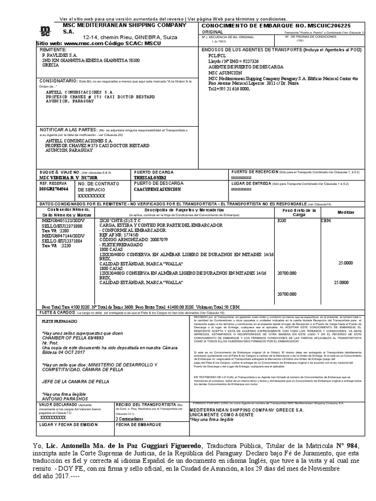 BL MSC Mediterranean Shipping Company Sa | PDF | Guía de carga | Comercio