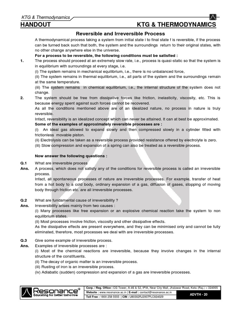 Handout KTG Thermodynamics: Reversible and Irreversible Process | PDF | Heat | Temperature