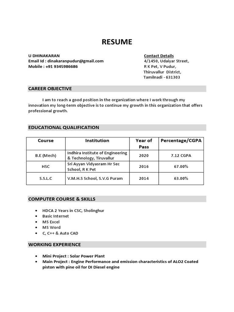 Dinakaran Resume | PDF