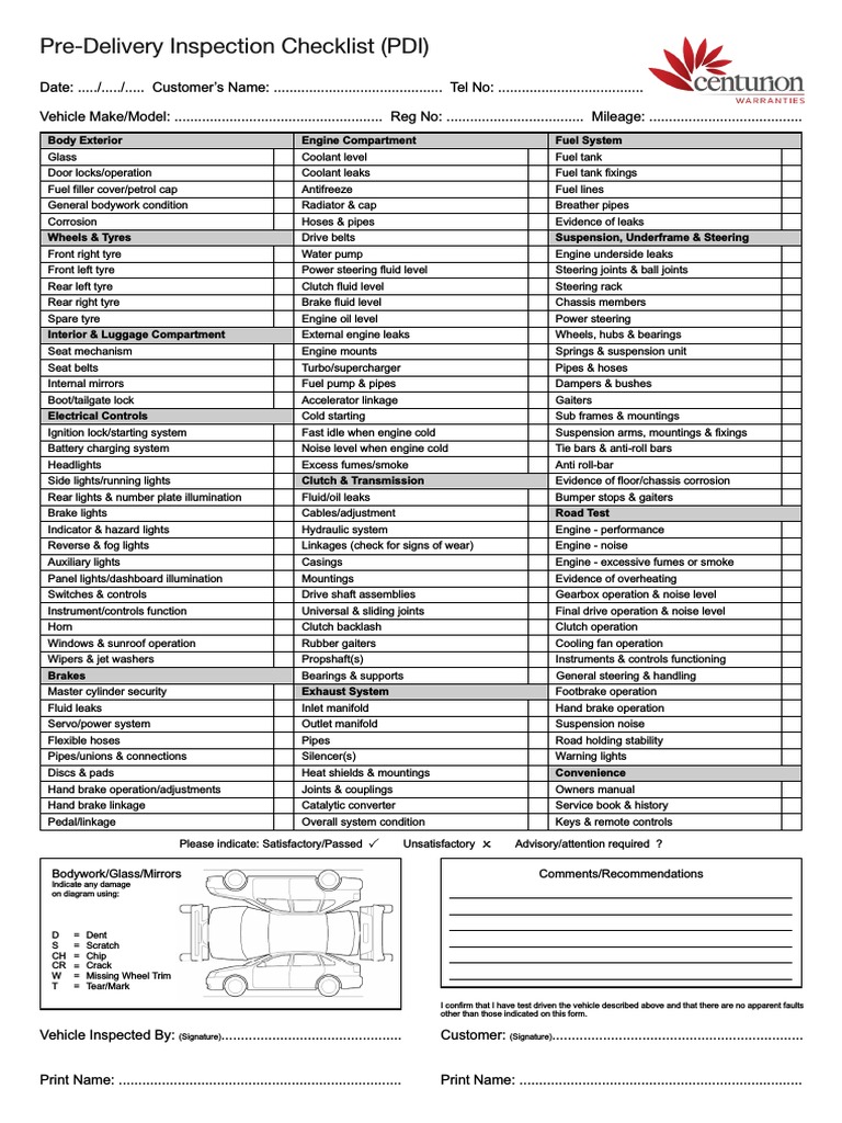 Pre Delivery Inspection Checklist | Download Free PDF | Steering | Brake