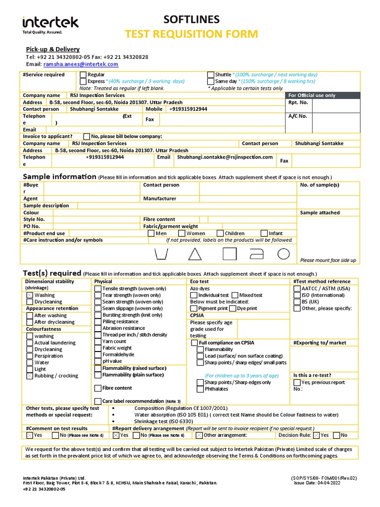 Textile Testing Request Form | PDF | Yarn | Textiles