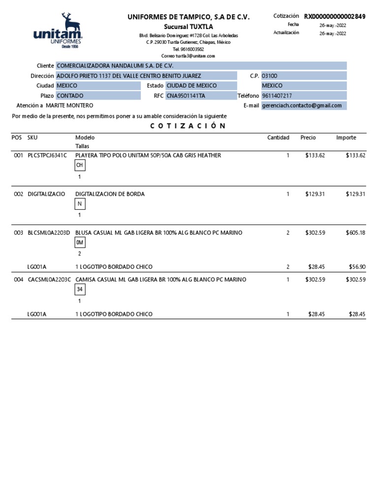 Uniformes de Tampico, S.A de C.V.: Sucursal TUXTLA RX000000000002849 ...