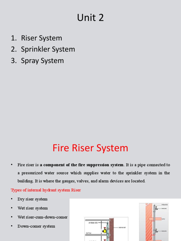 Unit 2: 1. Riser System 2. Sprinkler System 3. Spray System | PDF ...