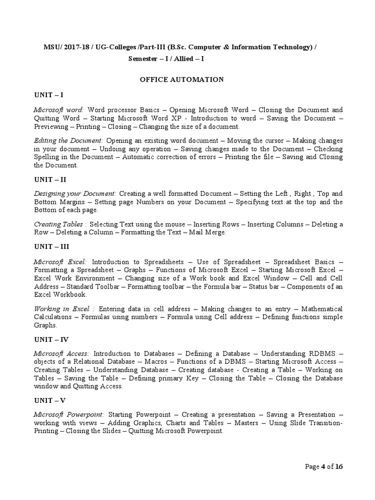 (OA) I BSc. (CS&IT) Syllabus-4-6 | PDF | Microsoft Excel | Spreadsheet