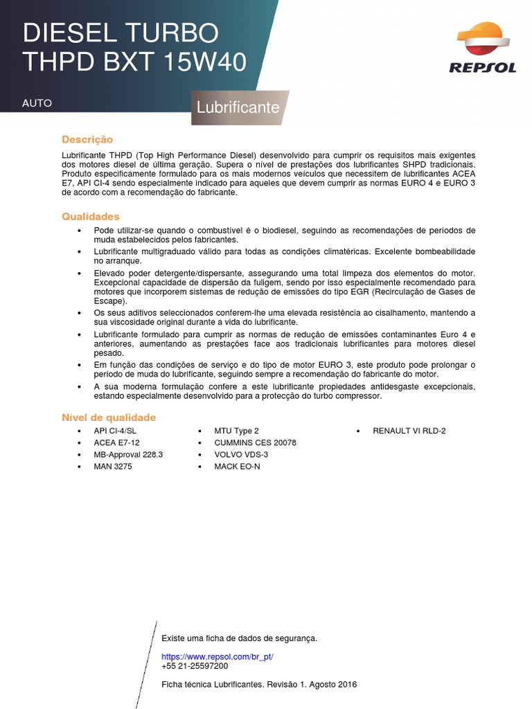 Repsol Diesel Turbo THPD BXT 15W40 Mineral | PDF | Motores ...