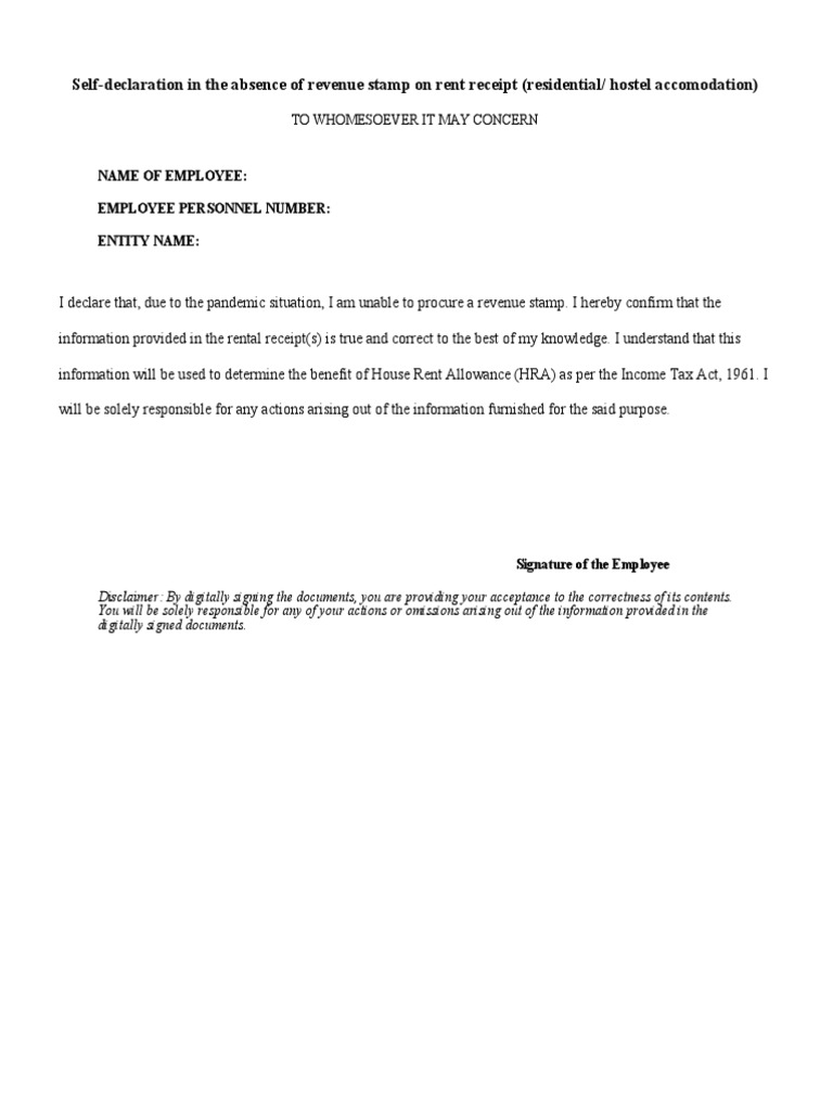 Self-Declaration in The Absence of Revenue Stamp On Rent Receipt | PDF