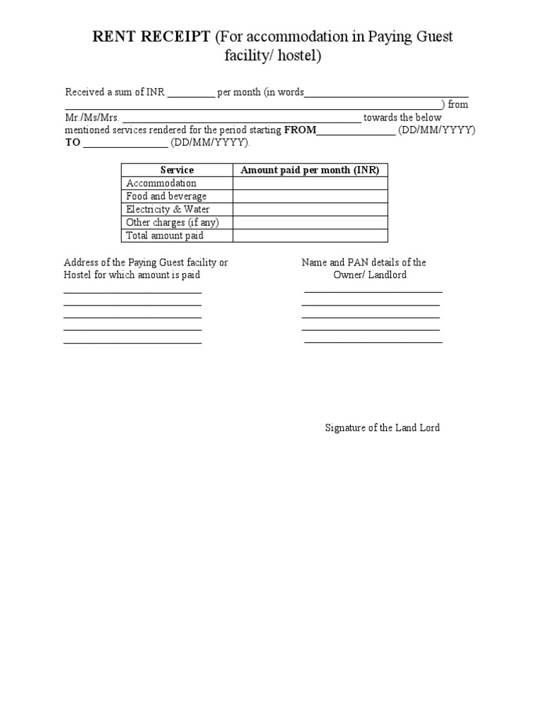 Rent Receipt Format for Paying Guest Facility and Hostel | PDF