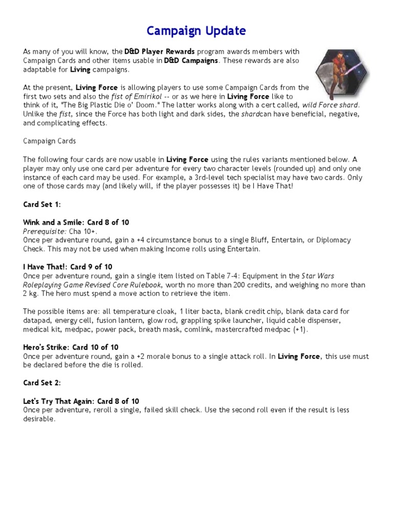 Star Wars Living Force - Campaign Notes - 20040129 - Campaign Update ...