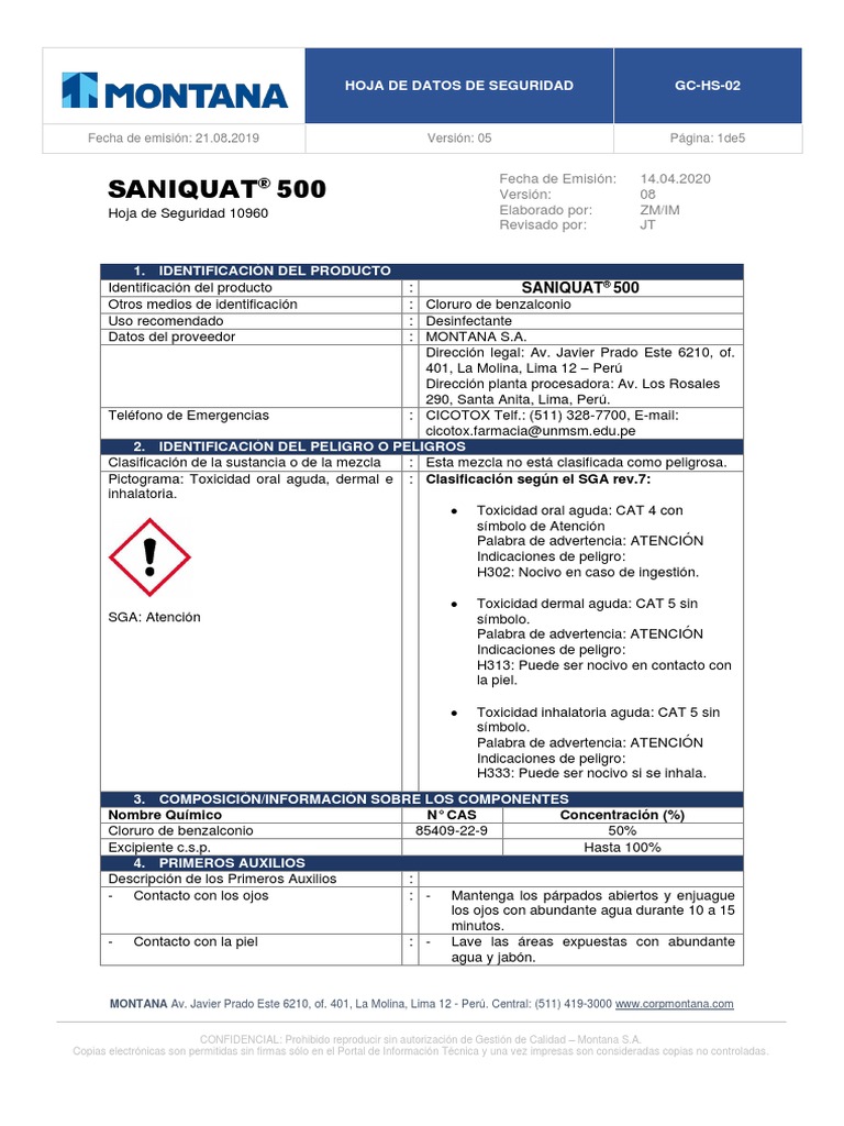 Saniquat Hja de Seguridad | PDF | Toxicidad | Agua