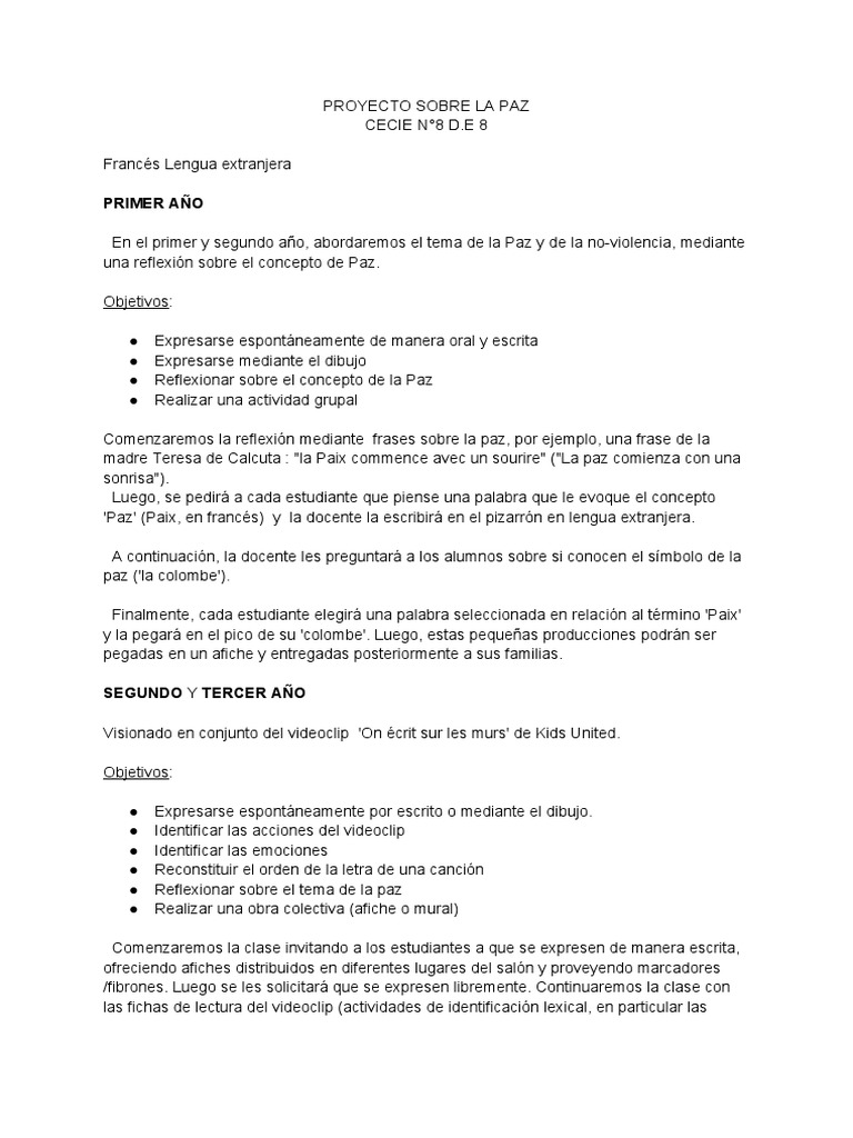 Frances - Proyecto Sobre La Paz - Cecie N°8 D.E 8 | PDF