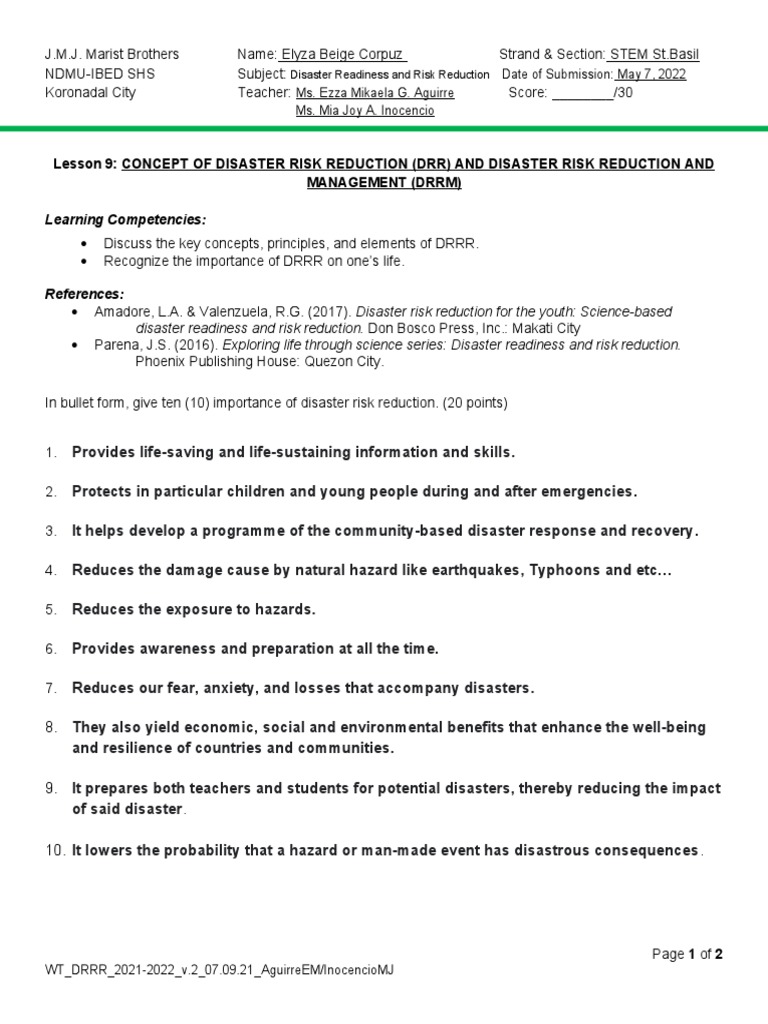 Lesson 9. Basic Concept of DRR and DRRM WS | PDF | Disaster Risk ...