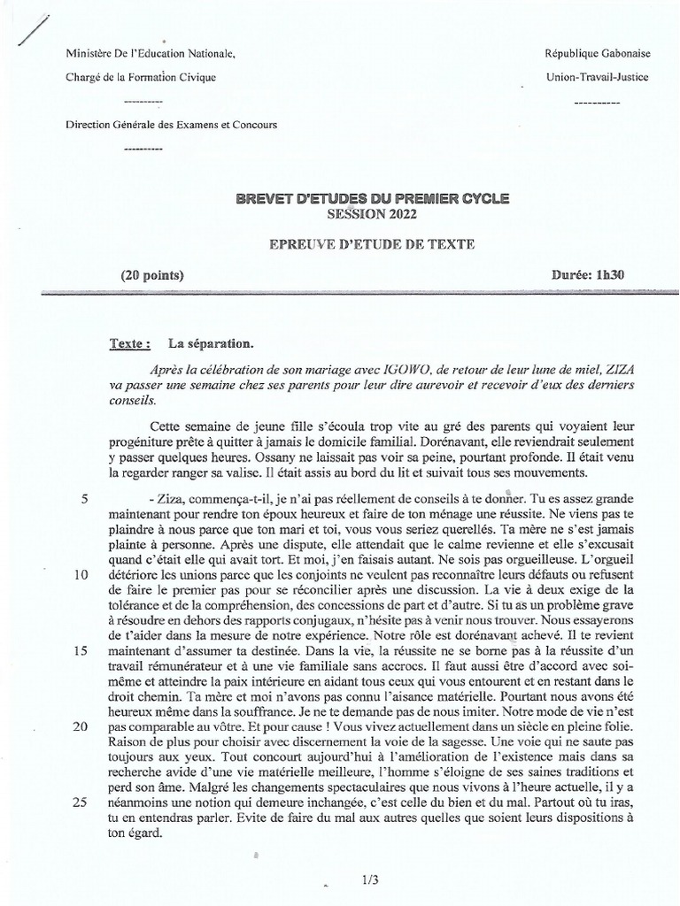 Bepc 2022 Francais Tout | PDF