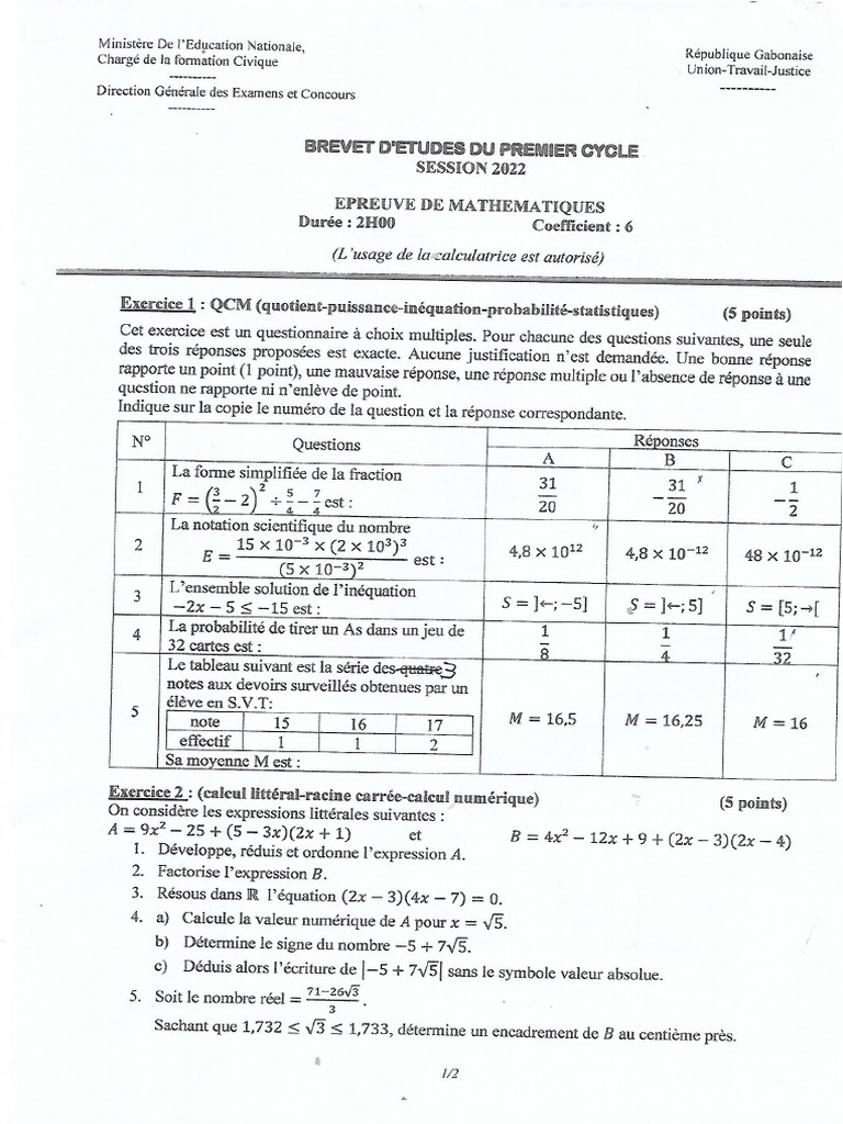 Bepc 2022 Maths | PDF