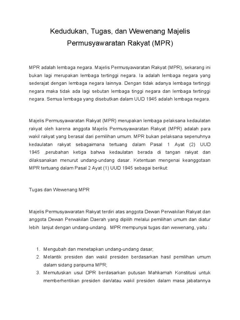Kedudukan, Tugas, Dan Wewenang MPR | PDF