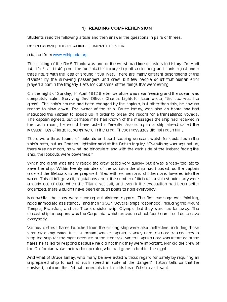 Reading Comprehension The Sinking Titanic | PDF | Ships | International ...