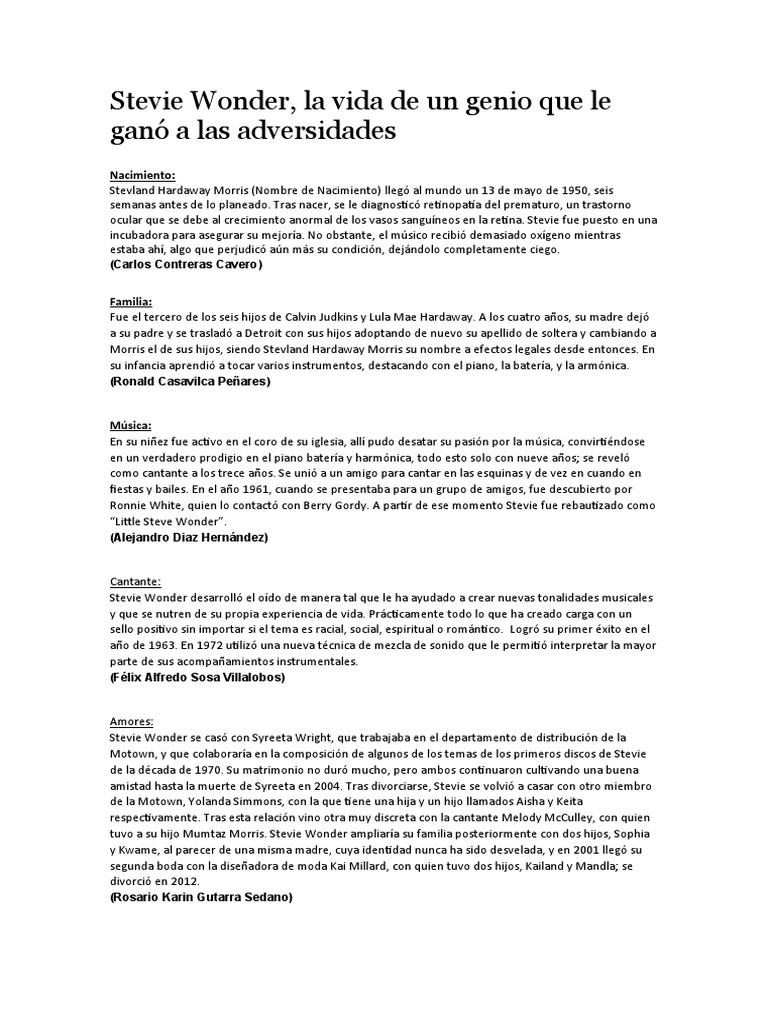 Biografía de Stevie Wonder: Vida y Logros | PDF | Industria de la ...