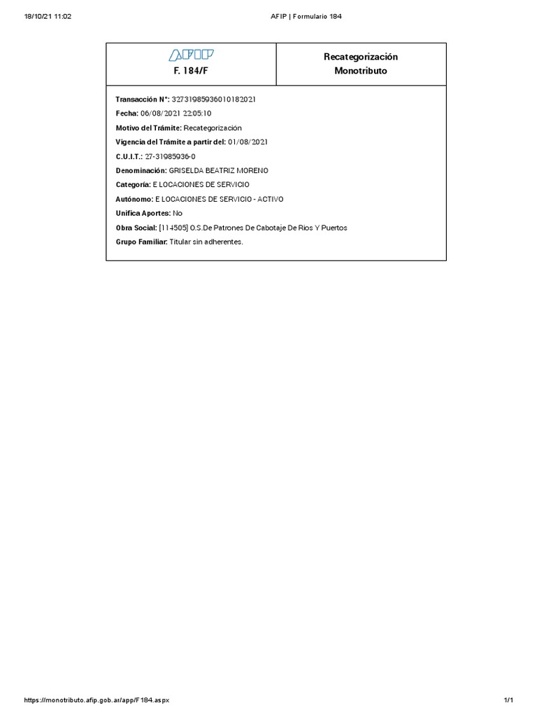 AFIP - Formulario 184 | PDF