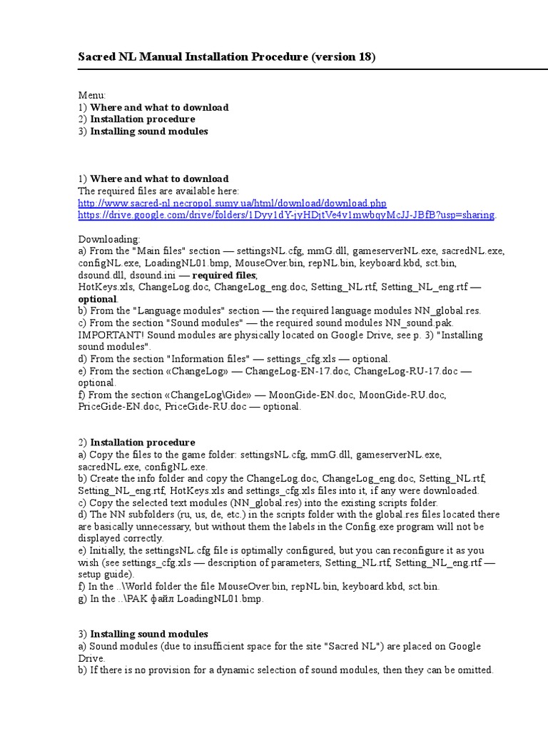 Sacred NL Manual Installation Procedure (Version 18) : Optional | PDF ...