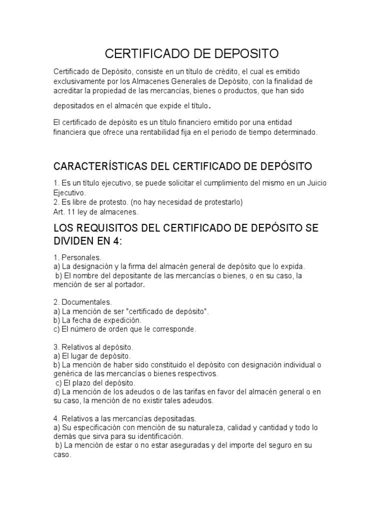 Certificado de Deposito | PDF | Certificado de deposito | Bancos Certificado de Deposito | PDF | Certificado de deposito | Bancos