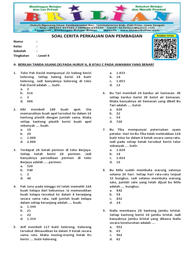 Soal Cerita Perkalian Pembagian Kelas 4 Sd Level 4 Pdf