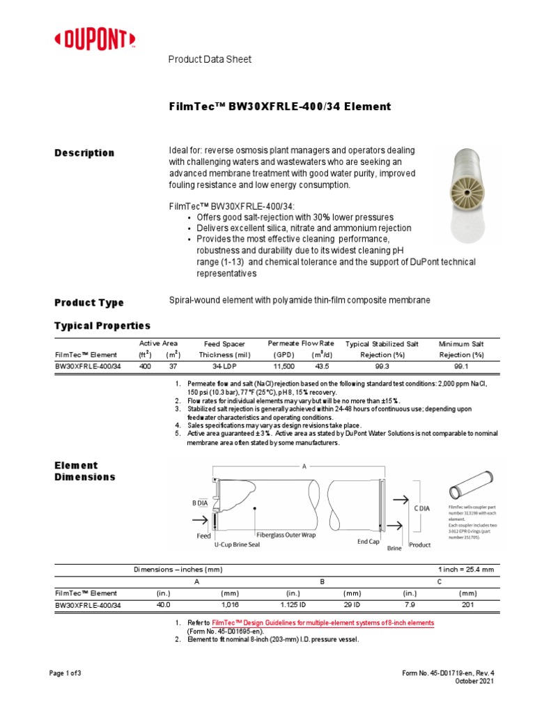 Filmtec™ Bw30Xfrle-400/34 Element: Product Data Sheet | PDF | Membrane ...