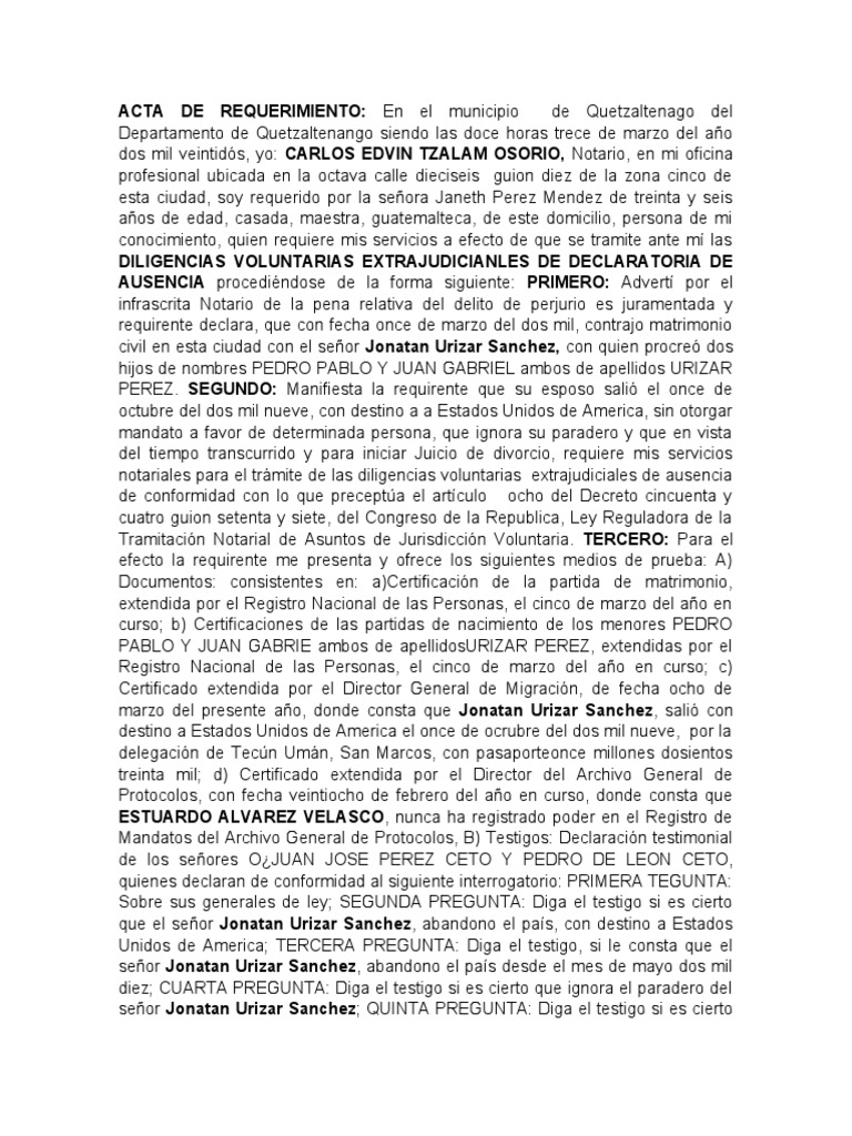 Acta de requerimiento para iniciar el proceso sucesorio extrajudicial ... Acta de requerimiento para iniciar el proceso sucesorio extrajudicial ...