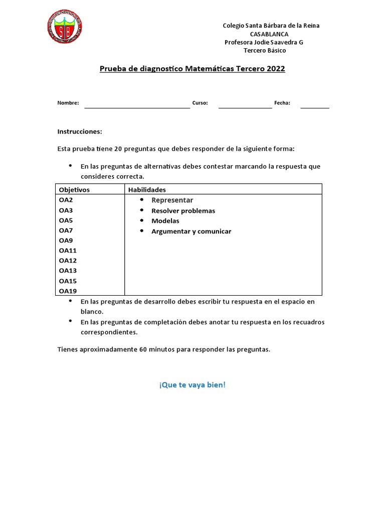 Prueba Diagnóstica Matemáticas Tercero | PDF