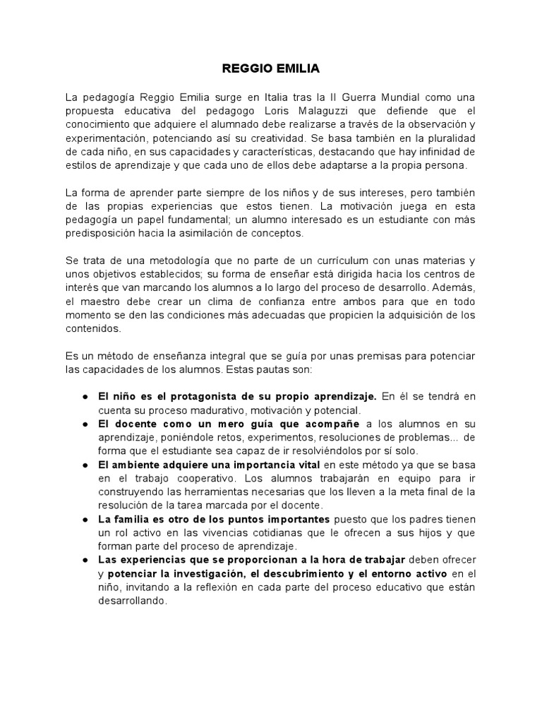 Reggio Emilia | Descargar gratis PDF | Aprendizaje | Método de enseñanza