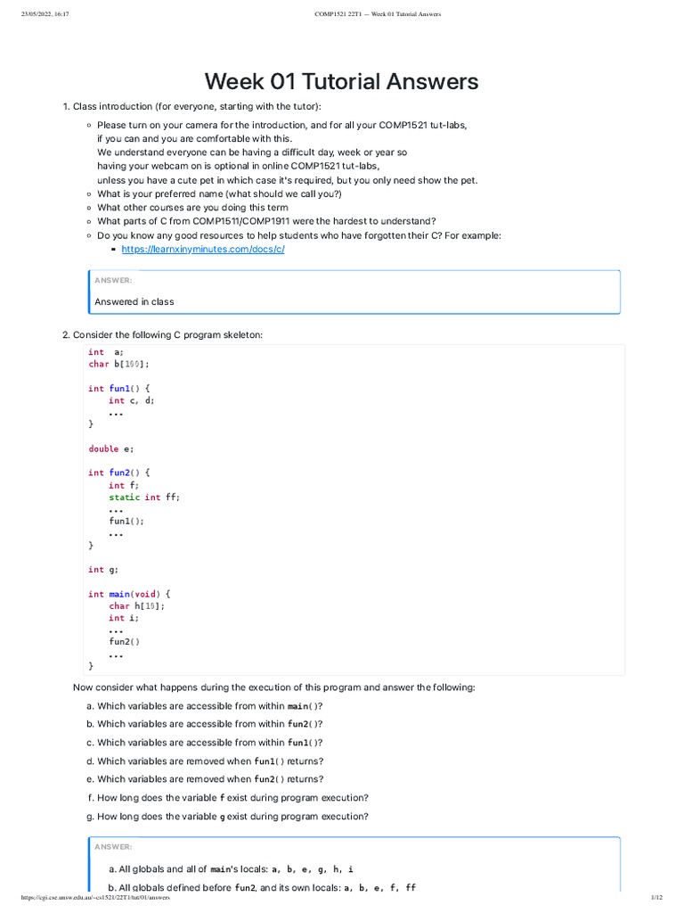 Comp1521 22t1 Week 01 Tutorial Answers Pdf Pointer Computer Programming Computer 