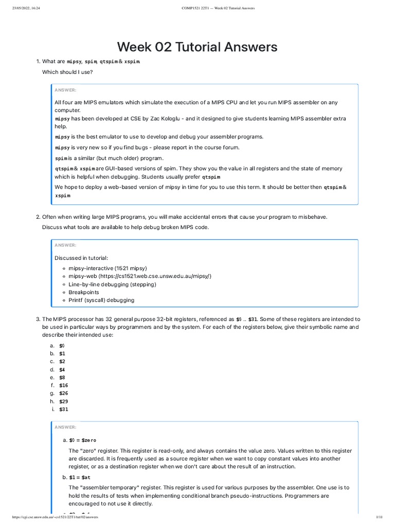 COMP1521 22T1 - Week 02 Tutorial Answers | PDF | Subroutine | Debugging