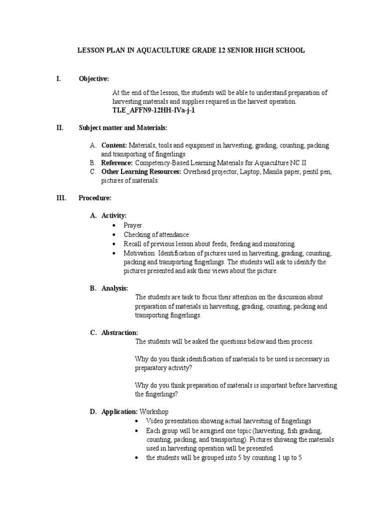 Lesson Plan in Aquaculture Grade 12 Senior High School | PDF | Lesson ...