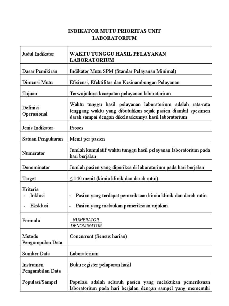 Indikator Mutu Prioritas Unit Laboratorium Waktu Tunggu Hasil Pelayanan ...