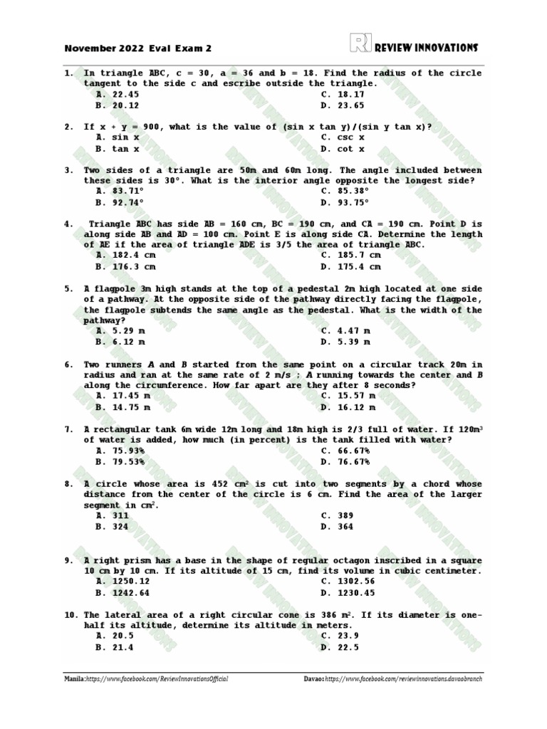 November 2022 Eval Exam 2 Review Innovations: Manila | PDF | Pressure Measurement | Pressure