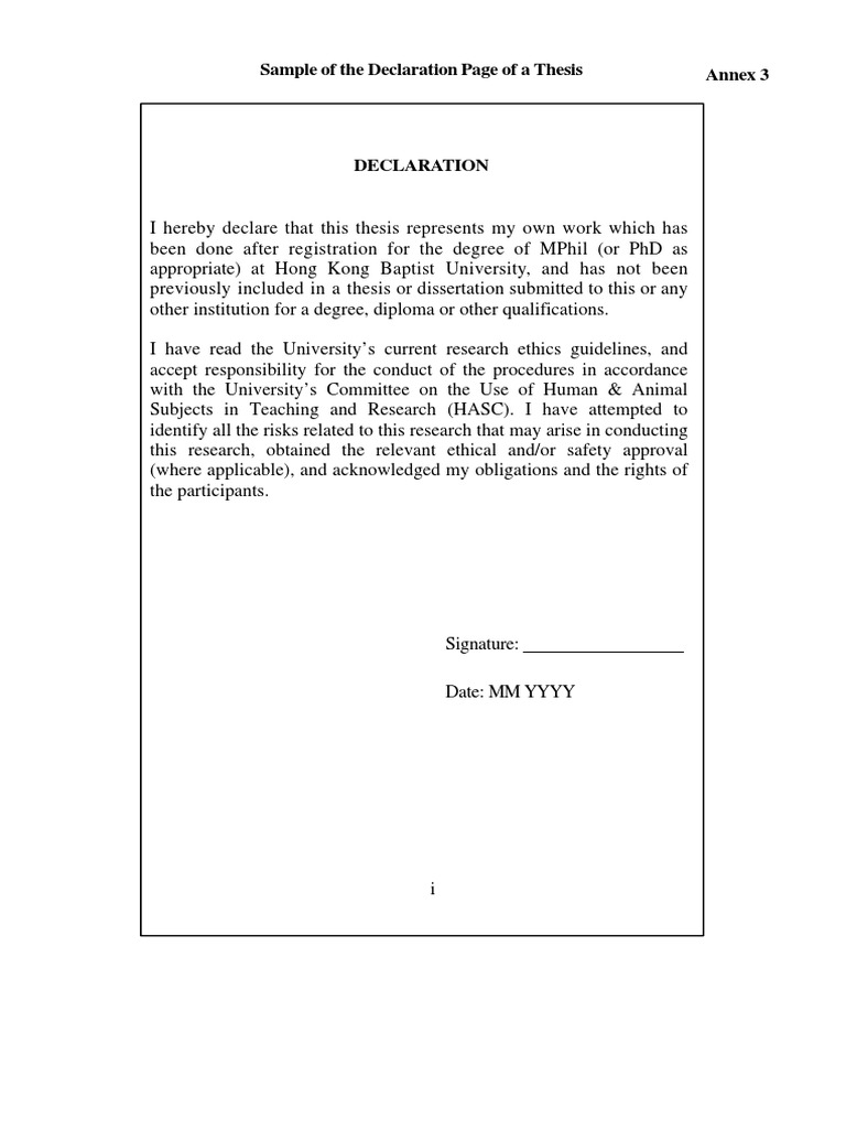 Sample of The Declaration Page of A Thesis | PDF
