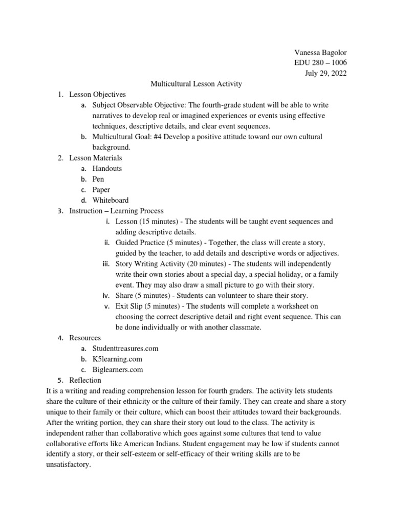 Edu280 Multiculturallessonplan | PDF | Psychology | Behavior Modification