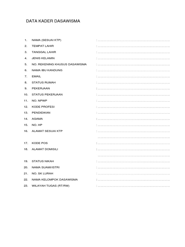 Form Data Kader Dasawisma 2022 | PDF