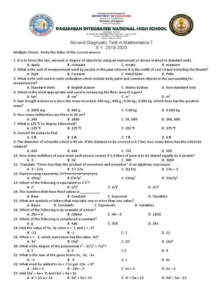 Second Diagnostic Test in Mathematics 7 S.Y. 2019-2020 | PDF ...