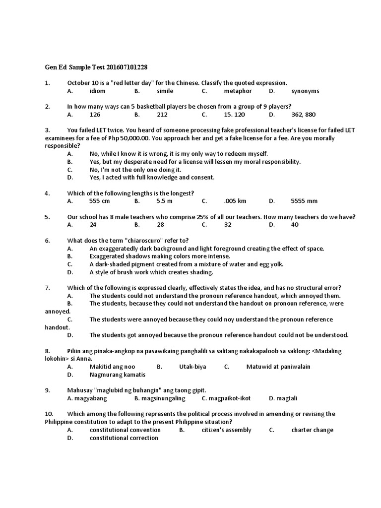 Gen Ed Sample Test Questions | PDF | Price Elasticity Of Demand | Oxide