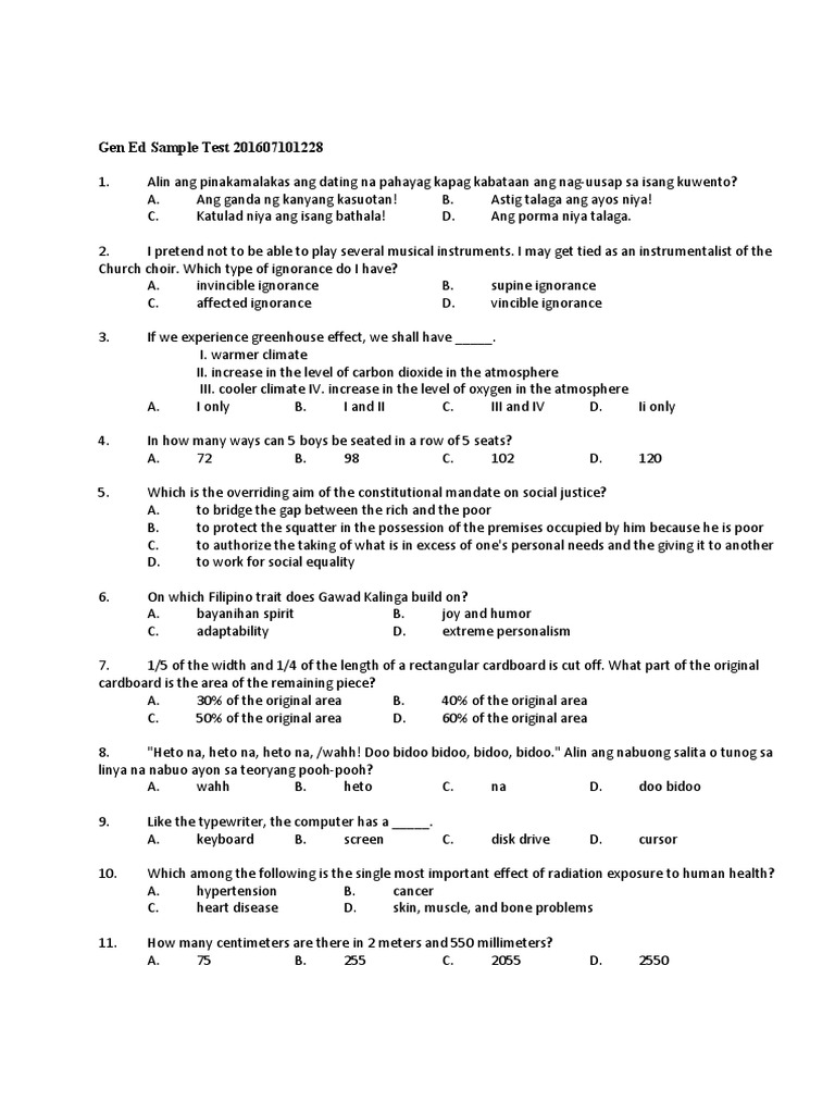 Gen Ed Sample Test 201607101228 | PDF | Kilogram