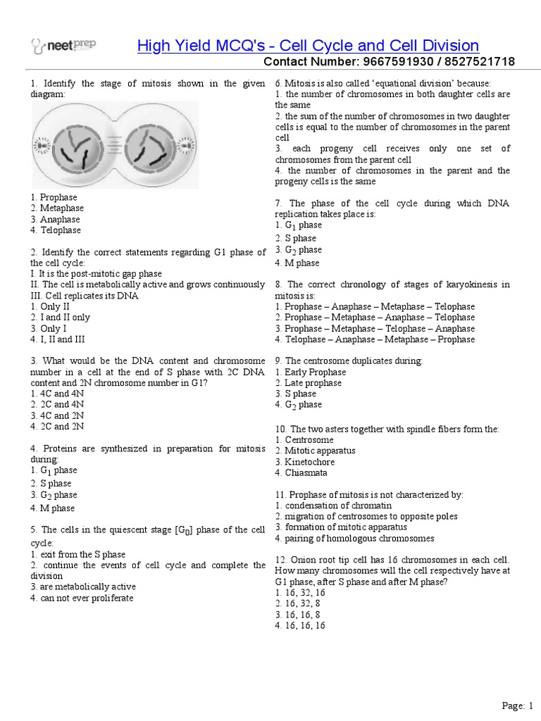 Cell Cycle and Cell Division High Yield MCQs For NEET 2022 Revision | PDF | Meiosis | Mitosis
