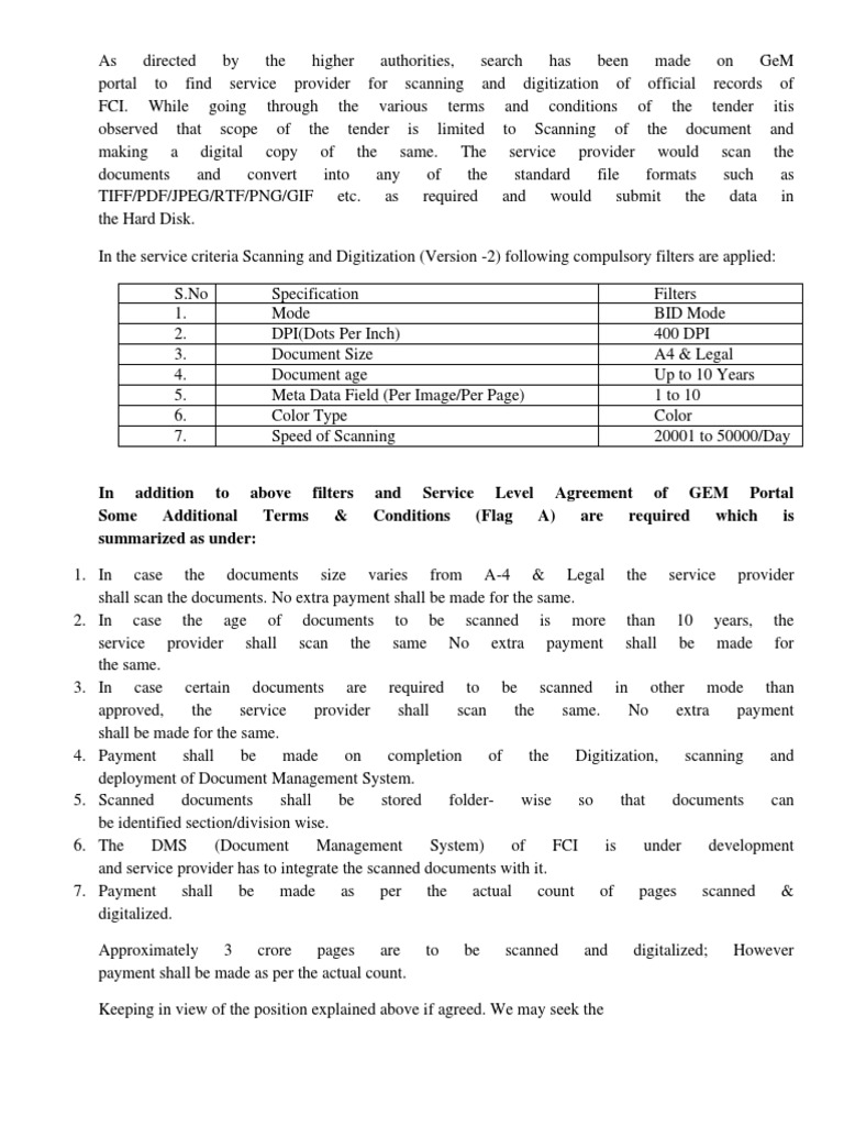 Scanning and Digitization of Official Records of FCI: Additional Terms ...