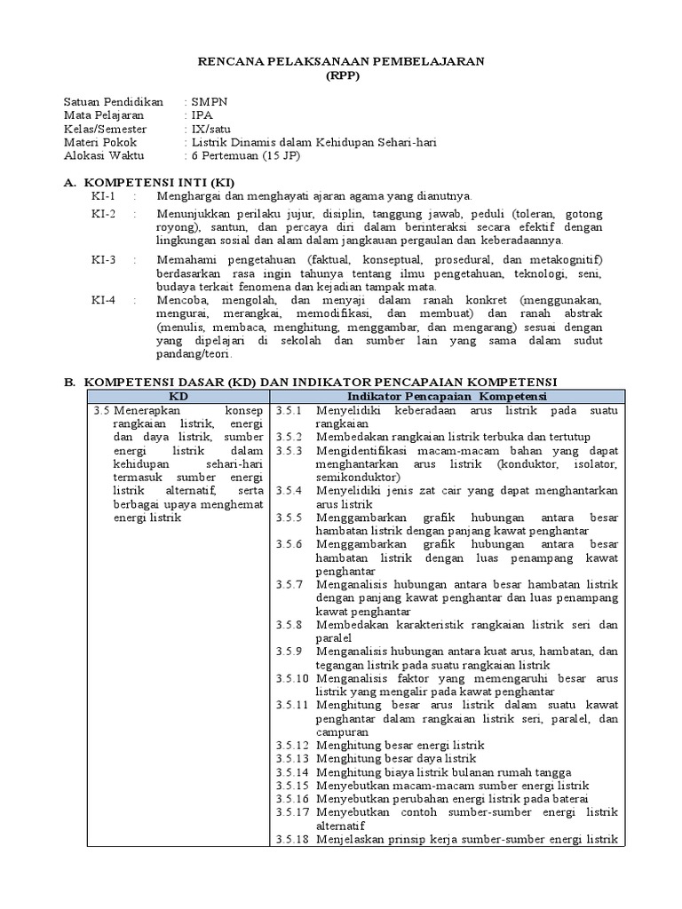 RPP Ipa K9 - Listrik Dinamis | PDF